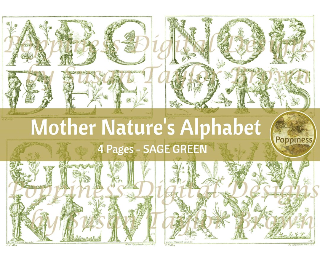 BOTANICAL ALPHABET in SAGE Green Digital Download for Vintage Junk ...