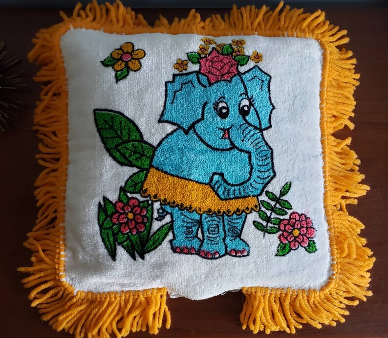1970s Big Blue Elephant Terry Cloth and Fringe Pillow Cover. - Etsy