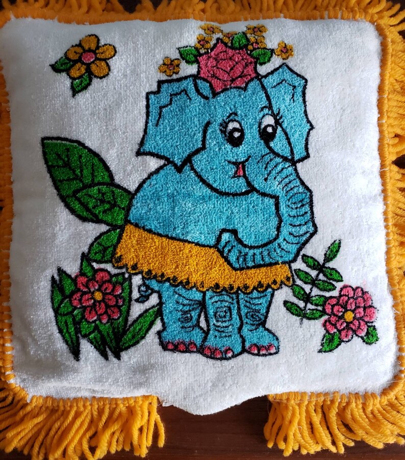 1970s Big Blue Elephant Terry Cloth and Fringe Pillow Cover. - Etsy