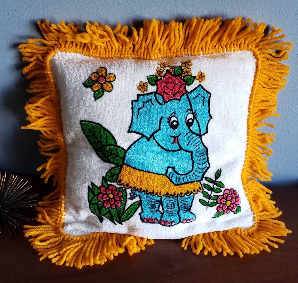 1970s Big Blue Elephant Terry Cloth and Fringe Pillow Cover. - Etsy