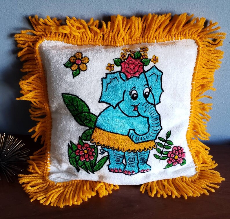 1970s Big Blue Elephant Terry Cloth and Fringe Pillow Cover. - Etsy