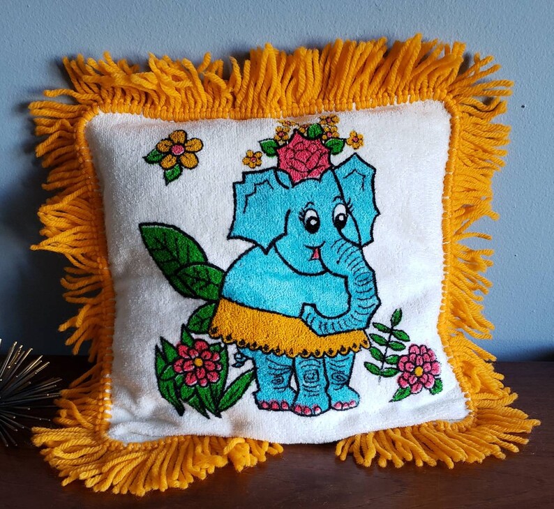 1970s Big Blue Elephant Terry Cloth and Fringe Pillow Cover. - Etsy