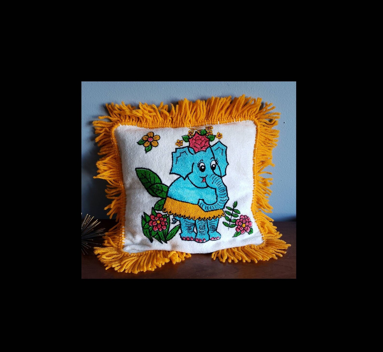 1970s Big Blue Elephant Terry Cloth and Fringe Pillow Cover. - Etsy