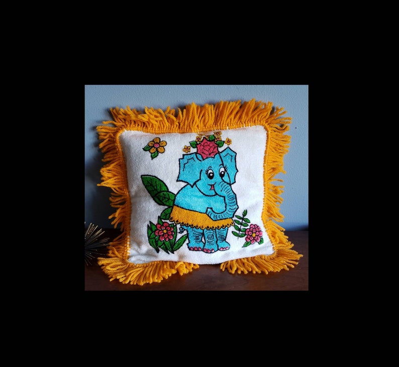1970s Big Blue Elephant Terry Cloth and Fringe Pillow Cover. - Etsy