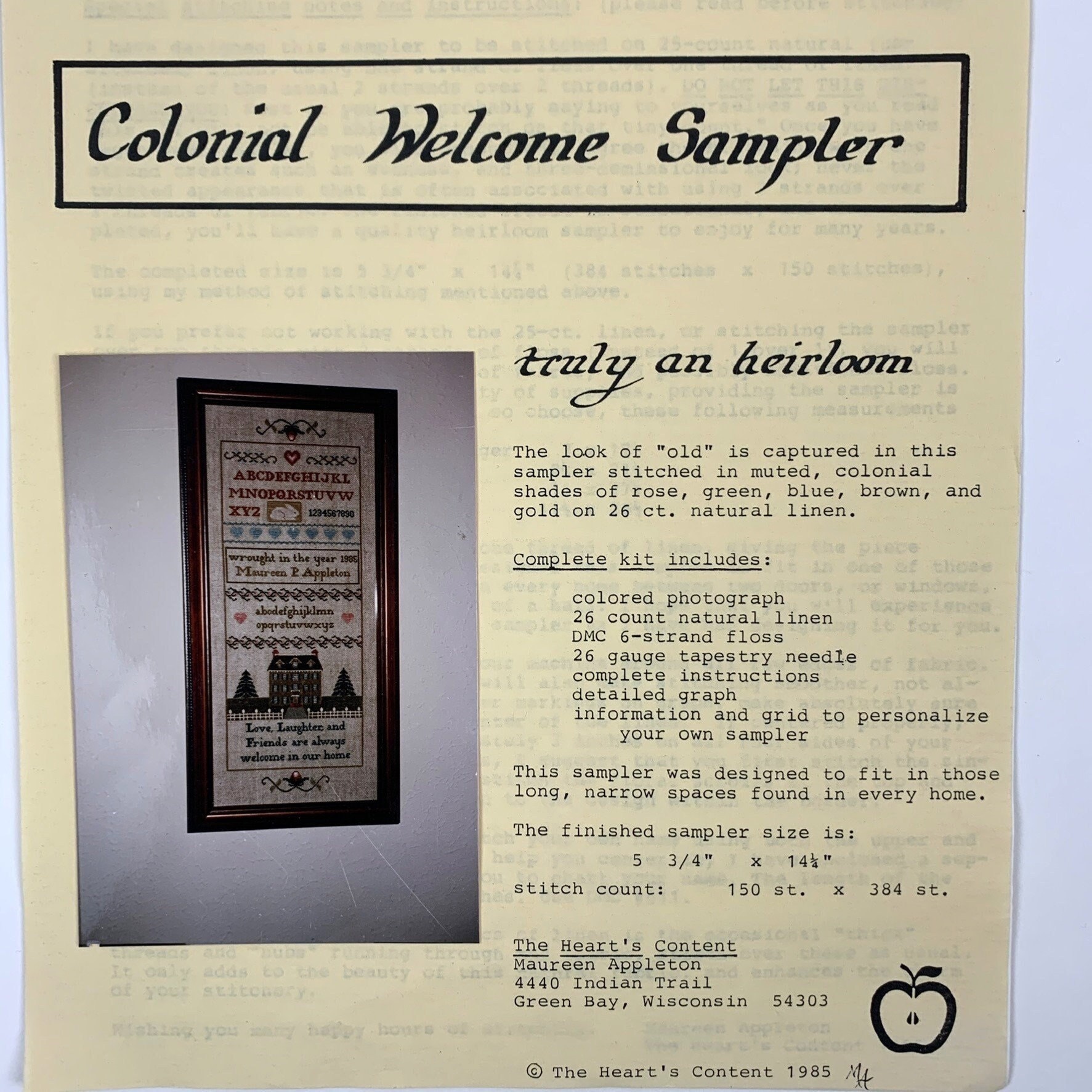 Hearts Content Colonial Welcome Sampler Kit Natural Linen DMC Floss ...