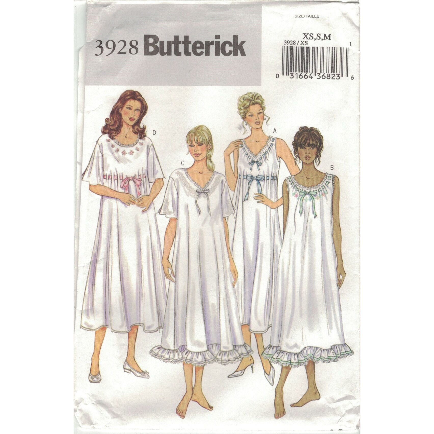 Butterick 3928 Ribbon Trimmed Nightgown Pattern Ruffled Hem Misses Size ...