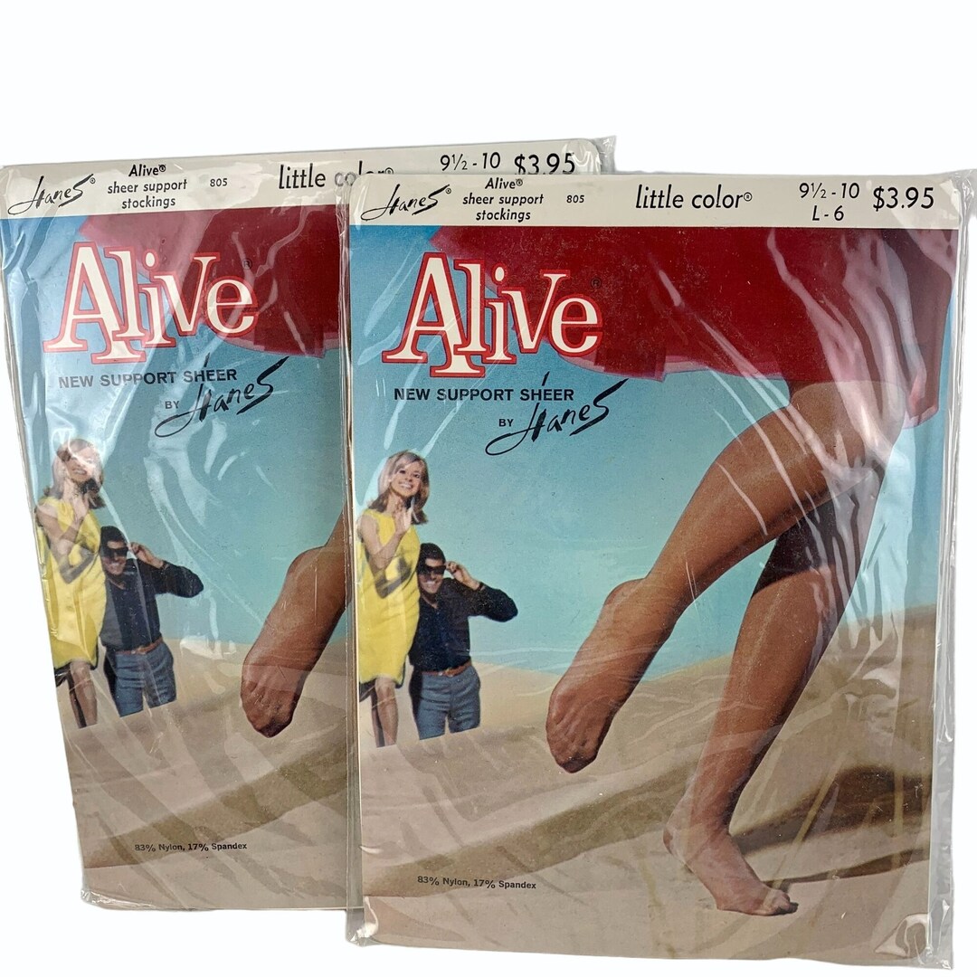 Vintage 1970s Hanes Alive Support Sheer RHT Stockings Lot of 2 Size 9.5 ...