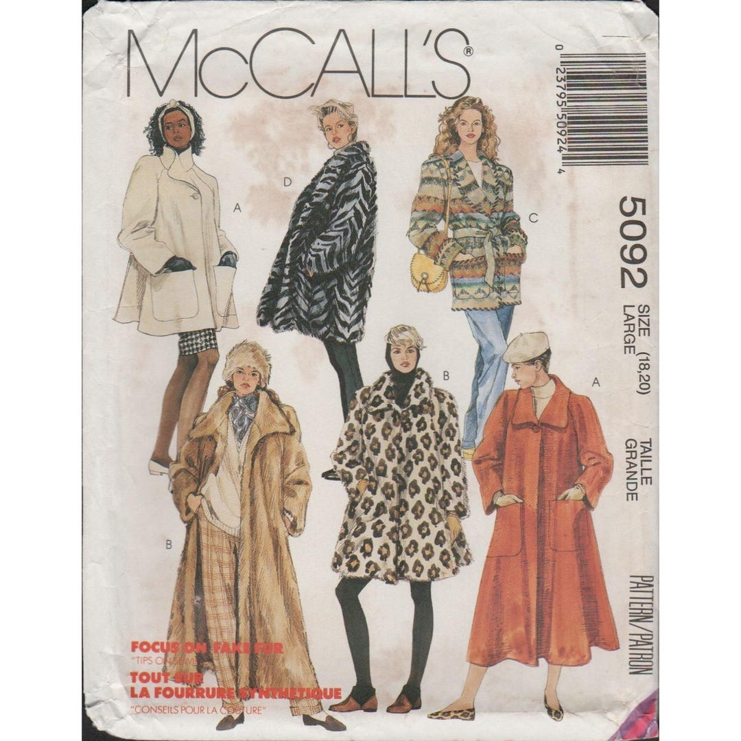 Mccall's 5092 Faux Fur Coat and Jacket Pattern Misses Size Large 18 20 ...