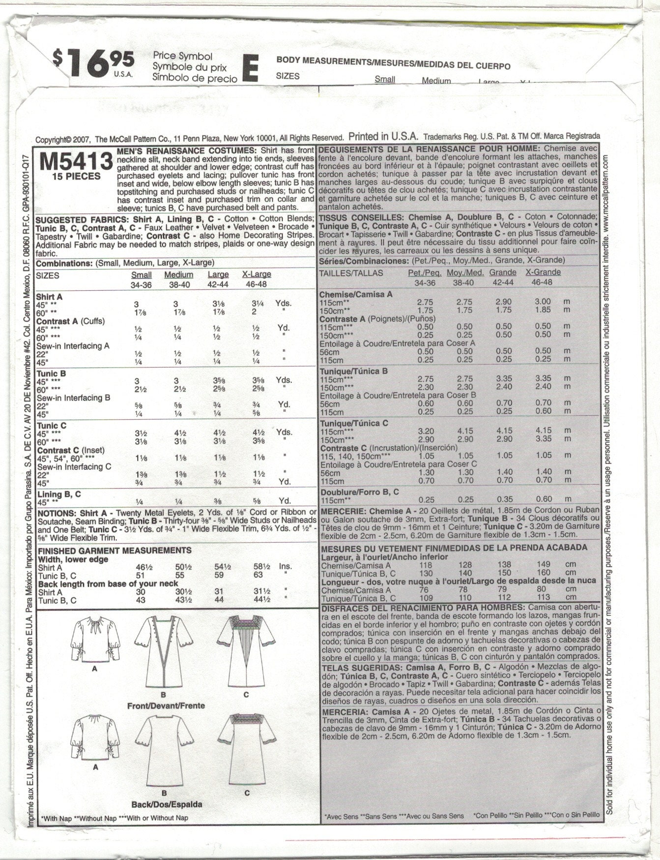 Mccall's 5413 Men's Renaissance Medieval Prince Tunic & Shirt Costume ...