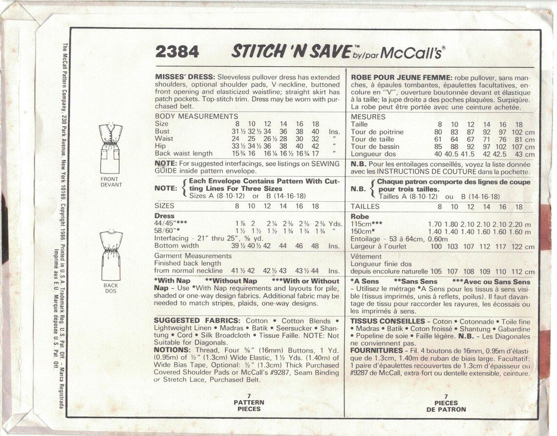 Mccall's Stitch 'n Save 2384 Easy Belted V Neck Dress Pattern Misses ...