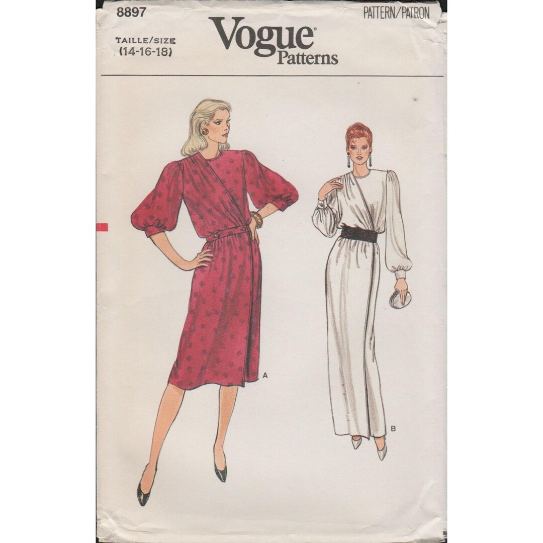 Vogue 8897 Draped Wrap Dress Pattern Maxi Option 1980s Misses Size 14 ...