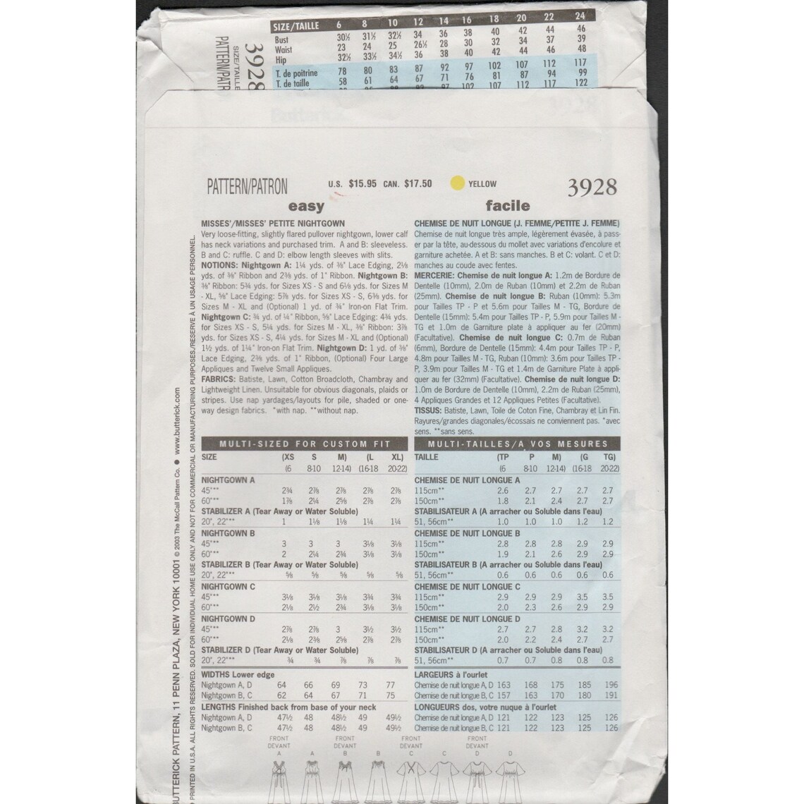 Butterick 3928 Ribbon Trimmed Nightgown Pattern Ruffled Hem Misses Size ...