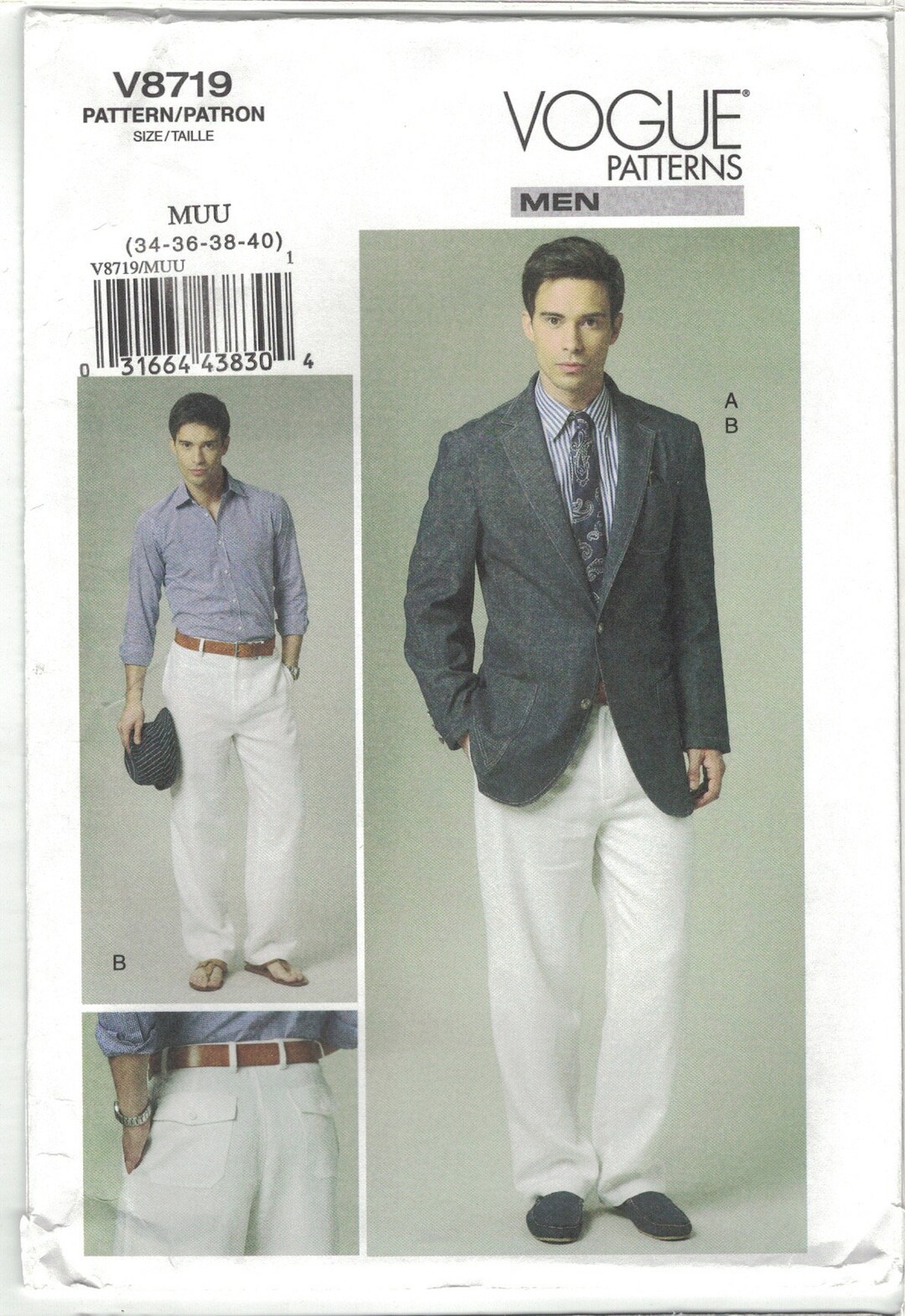Vogue 8719 hombres sin forro chaqueta de un solo pecho & - Etsy España
