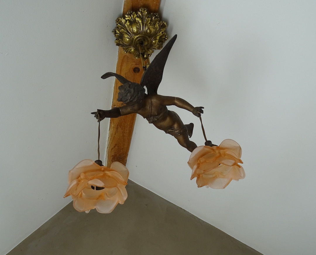 Delightful Antique Large Flying Cherub Pendant Light,with Two Pink ...