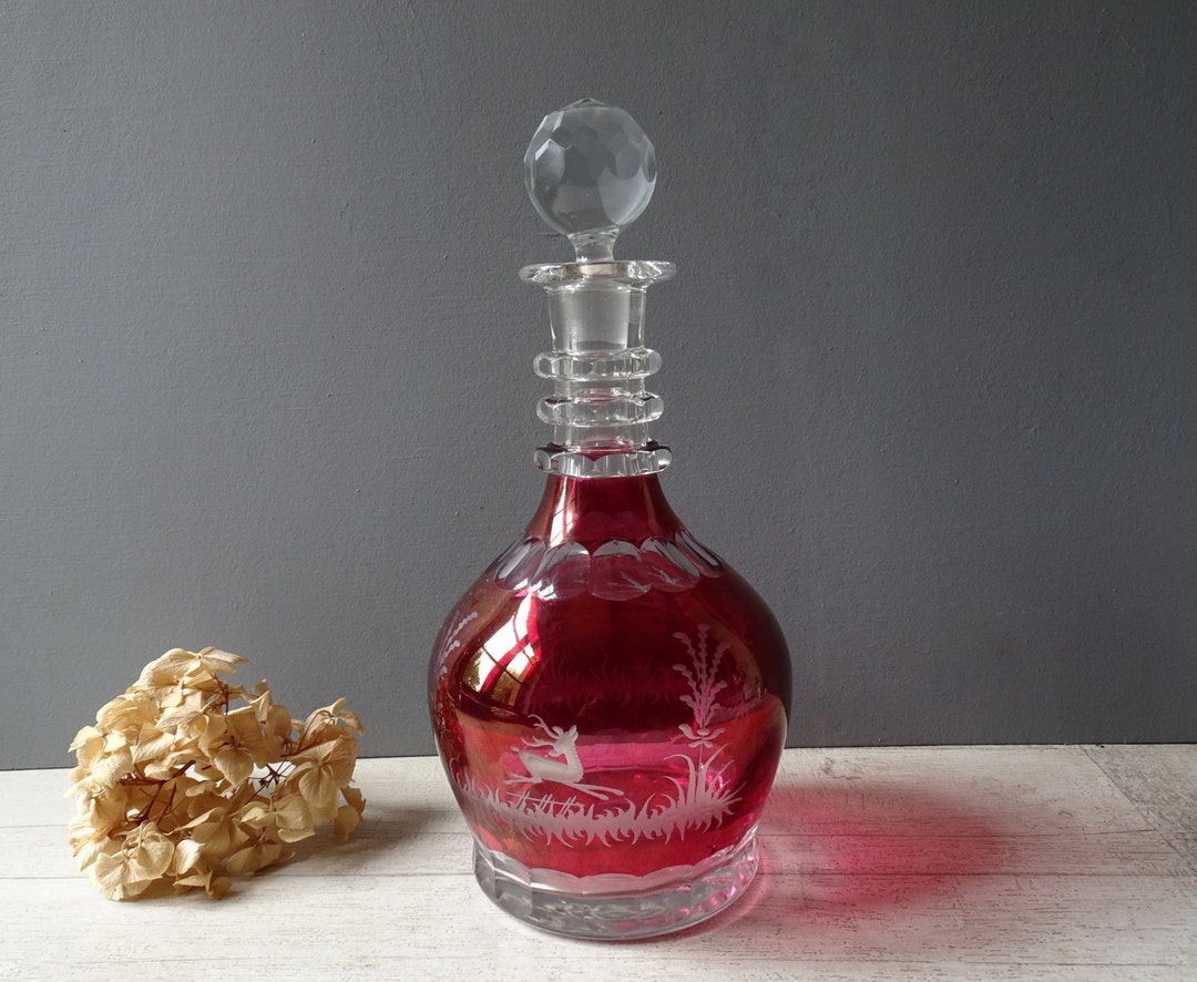 Large Antique Bohemian Cranberry Crystal Decanter,deer and Bird Decor ...