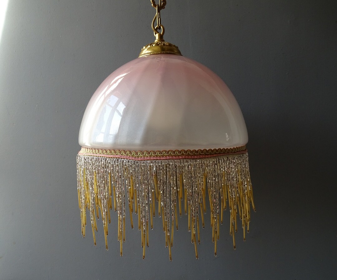 Vintage Glass Pink Ceiling Light Lamp, With a Fringe of Glass Pearls ...