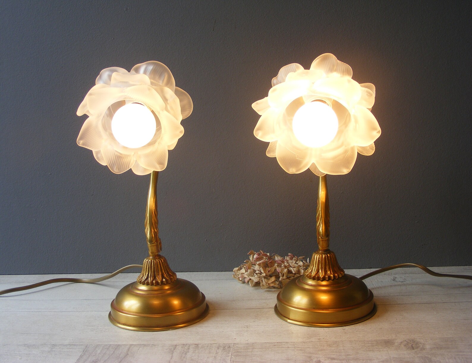Vintage French Pair of Brass Bedside Lamps with Glass Flower | Etsy