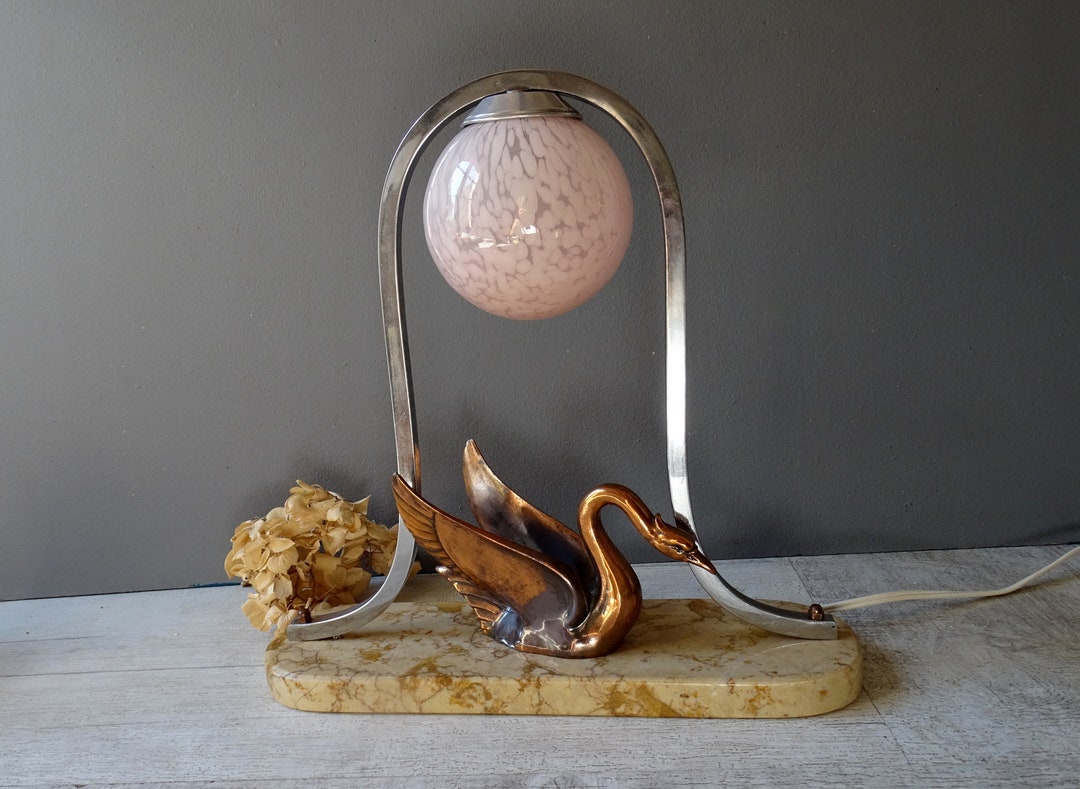Art Deco SWAN Table Lamp /bedside Lamp/marble and Pink Clichy Glass ...