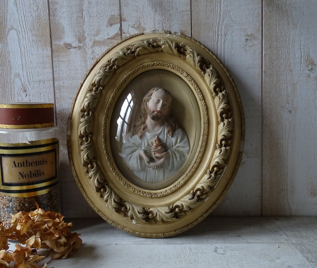 Antique Jesus Christ Sacred Heart Reliquary: 19th Century Plaster ...
