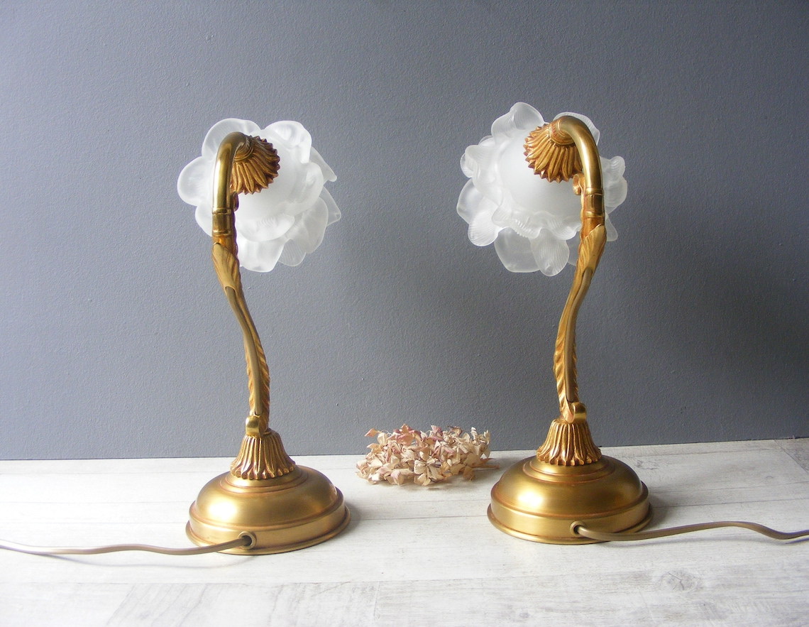 Vintage French Pair of Brass Bedside Lamps with Glass Flower | Etsy