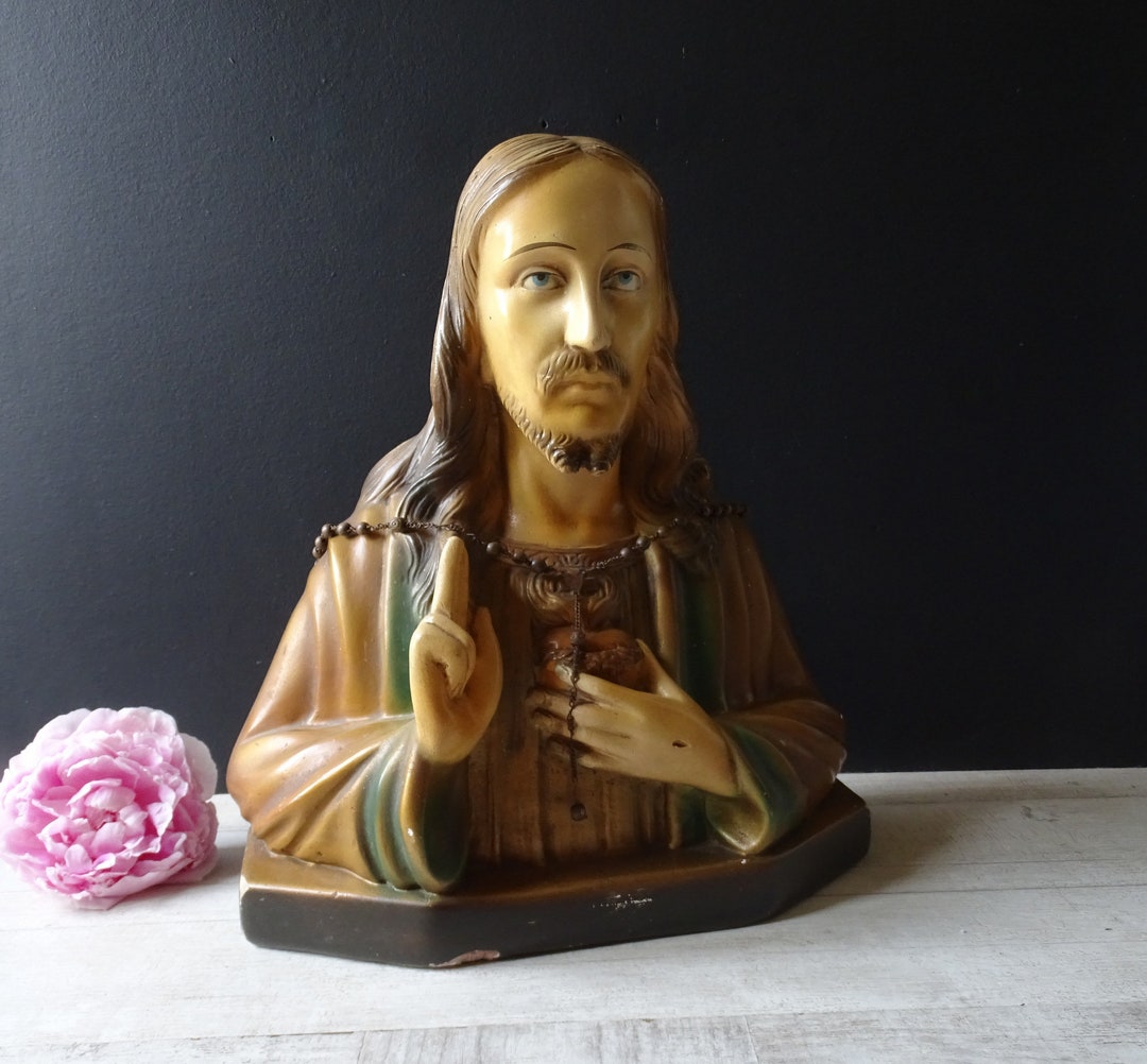 Large Antique Jesus Christ Sacred Heart Plaster Bust.signed and ...