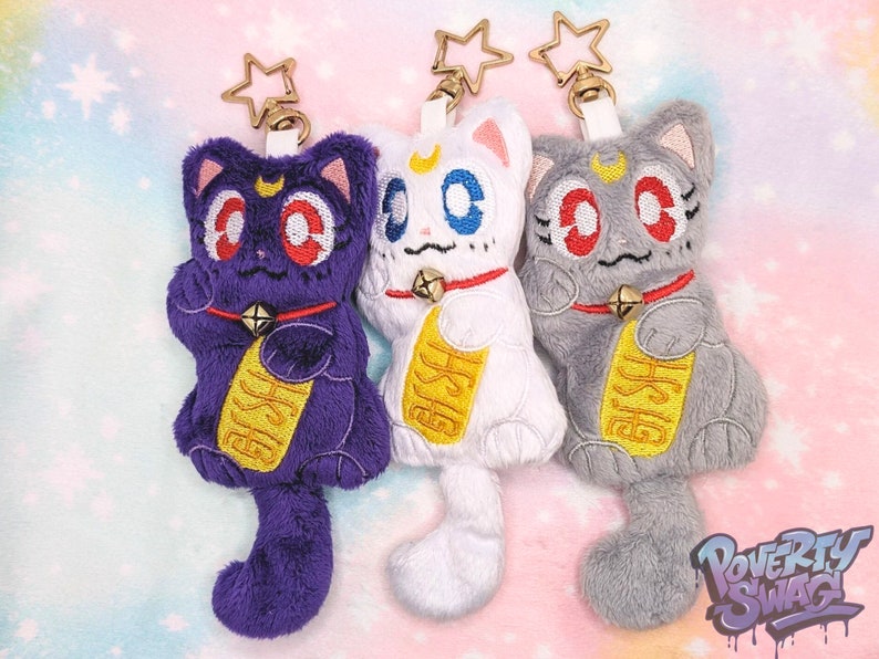 Sailor Moon Lucky Cat Embroidered Keychain Luna, Artemis, Diana Maneki Neko - Etsy
