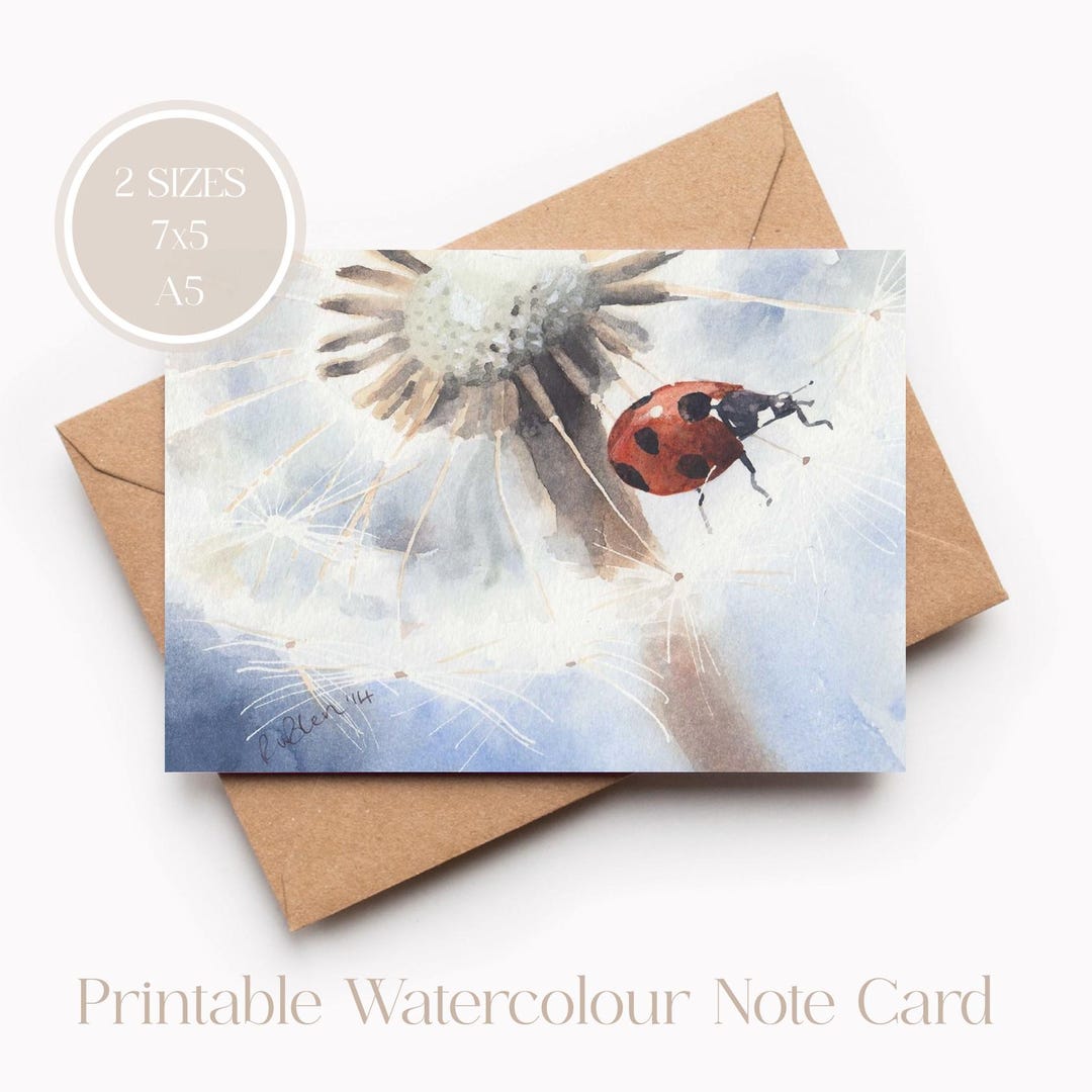 Ladybird Watercolour Notecard, Printable Art Greeting Card, Instant ...