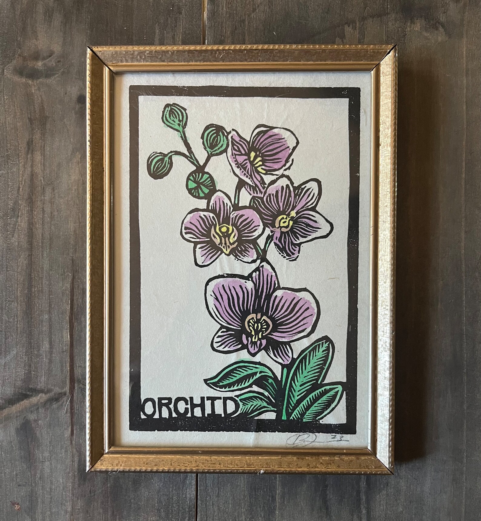 Linocut Orchid Flower - Aquarius Sign, Handcolored Print - Etsy