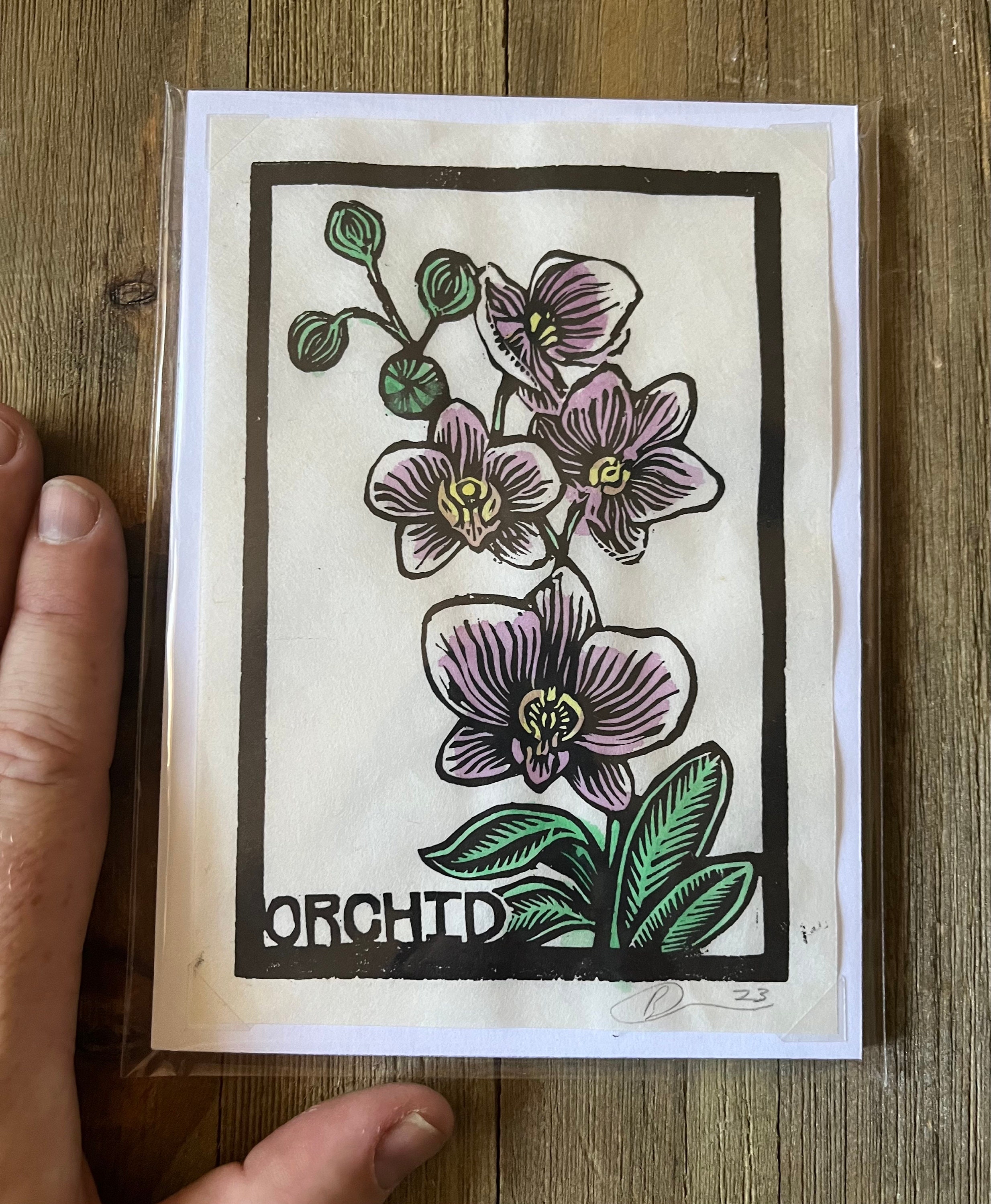 Linocut Orchid Flower - Aquarius Sign, Handcolored Print - Etsy