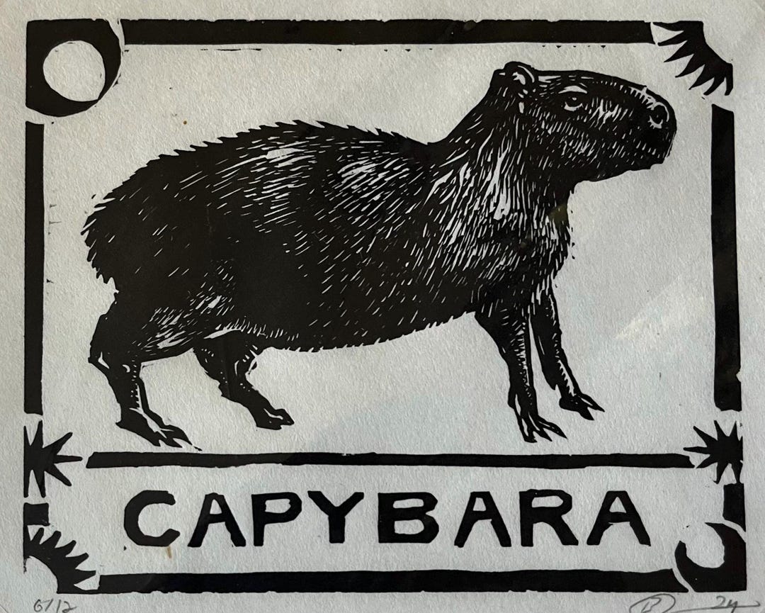 Capybara - Unframed, Hand Printed Linocut Print, Original Eclectic Wall ...
