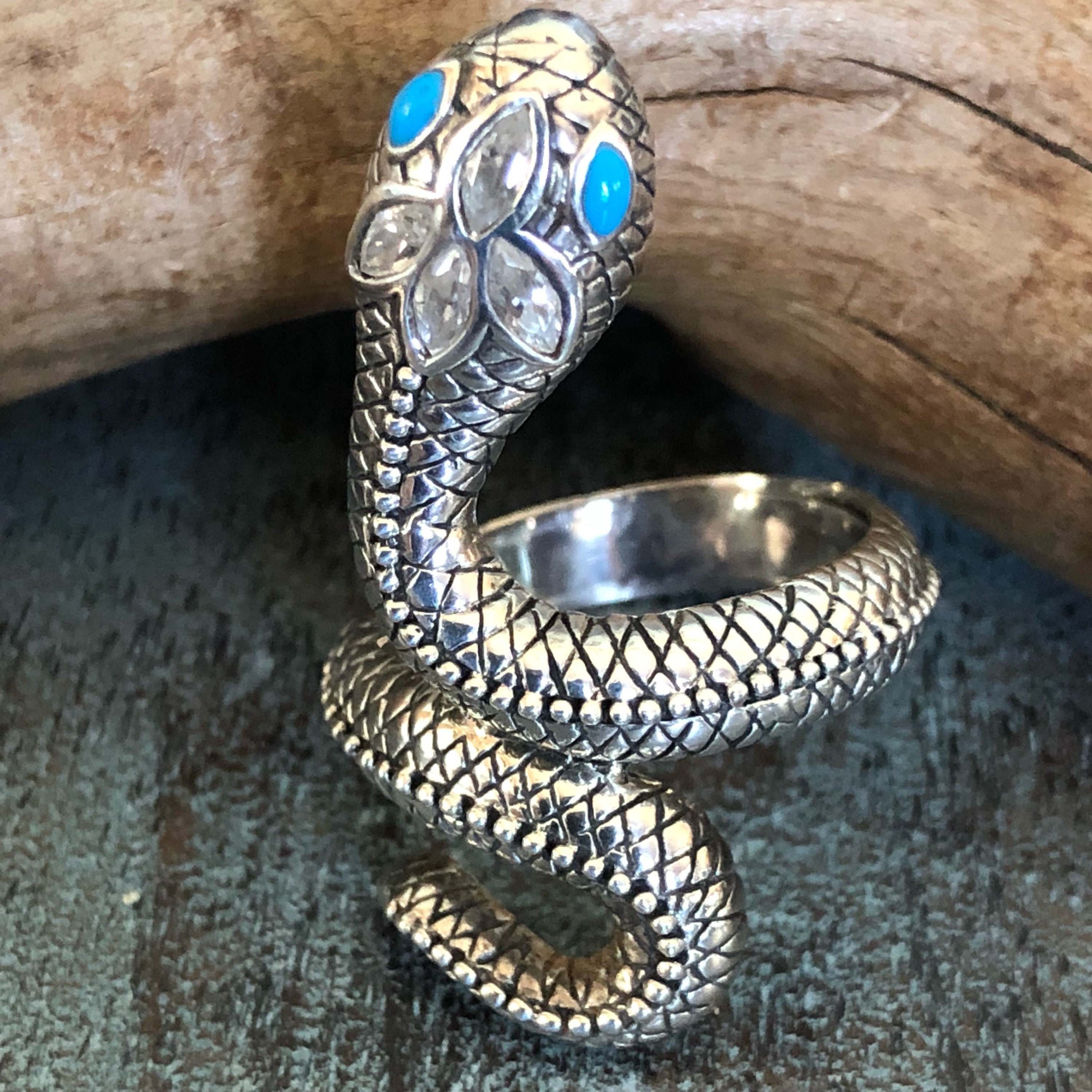 Turquoise cz and sterling snake ring size 6