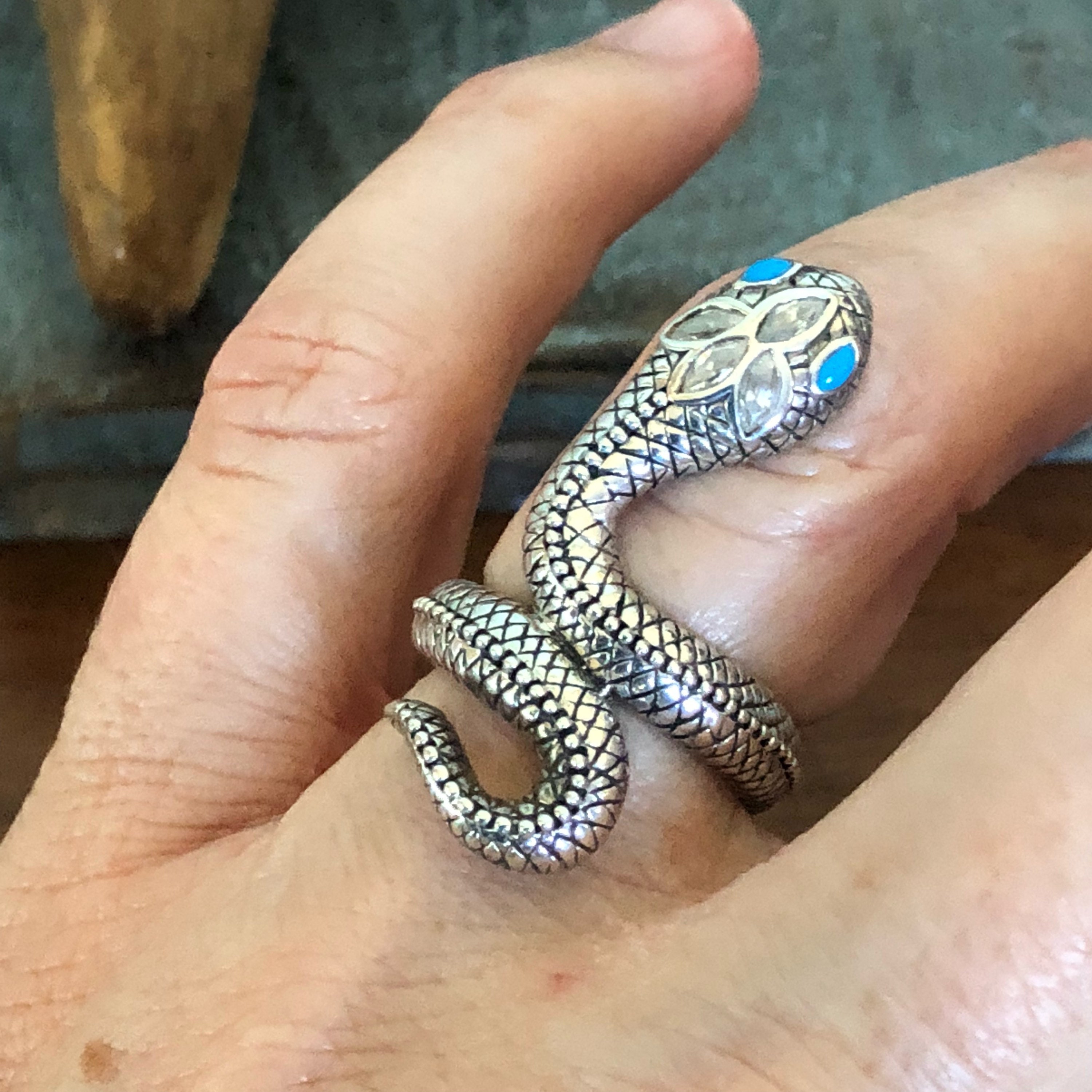 Turquoise cz and sterling snake ring size 6