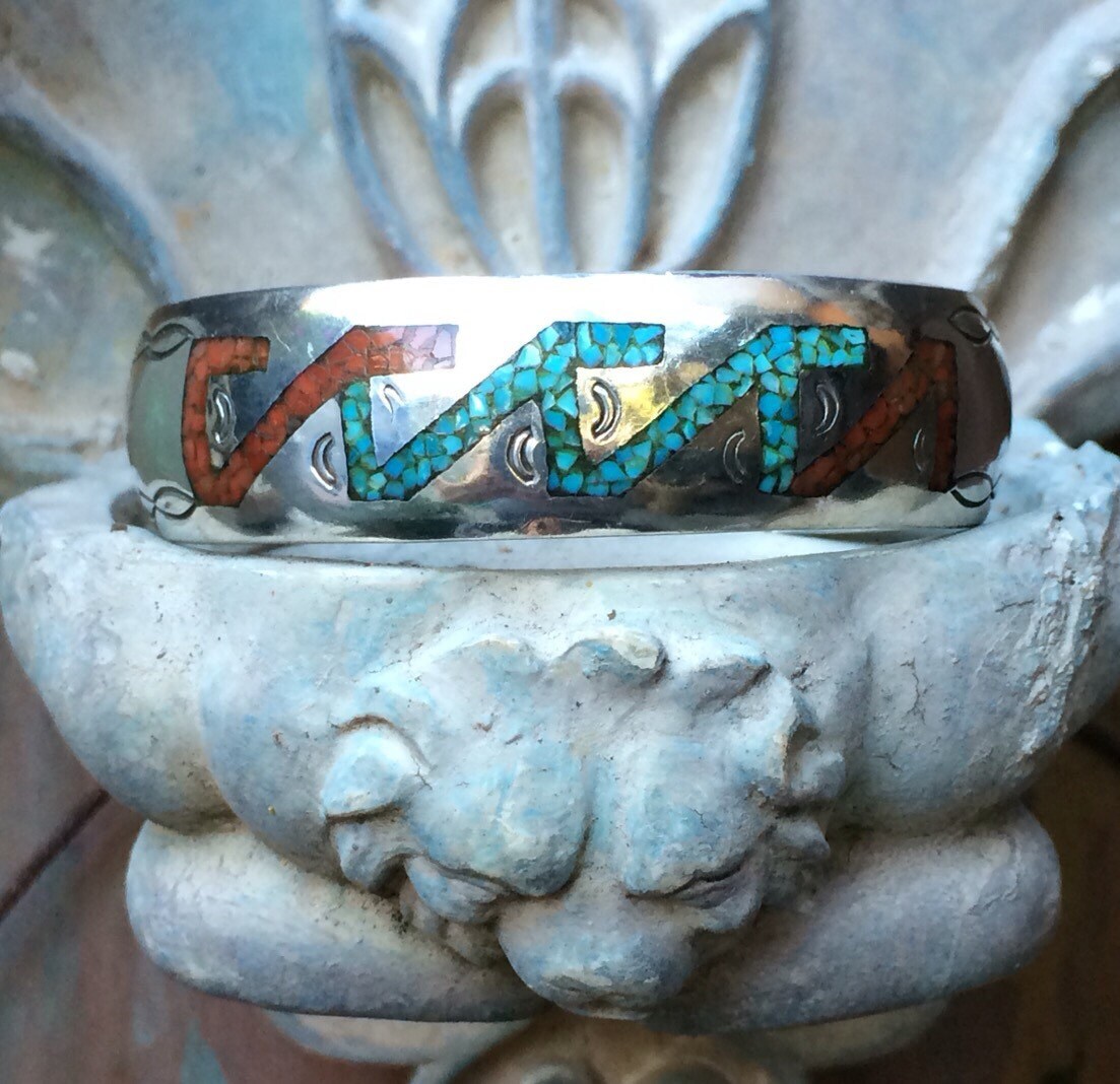 Navajo sterling mosaic inlay cuff