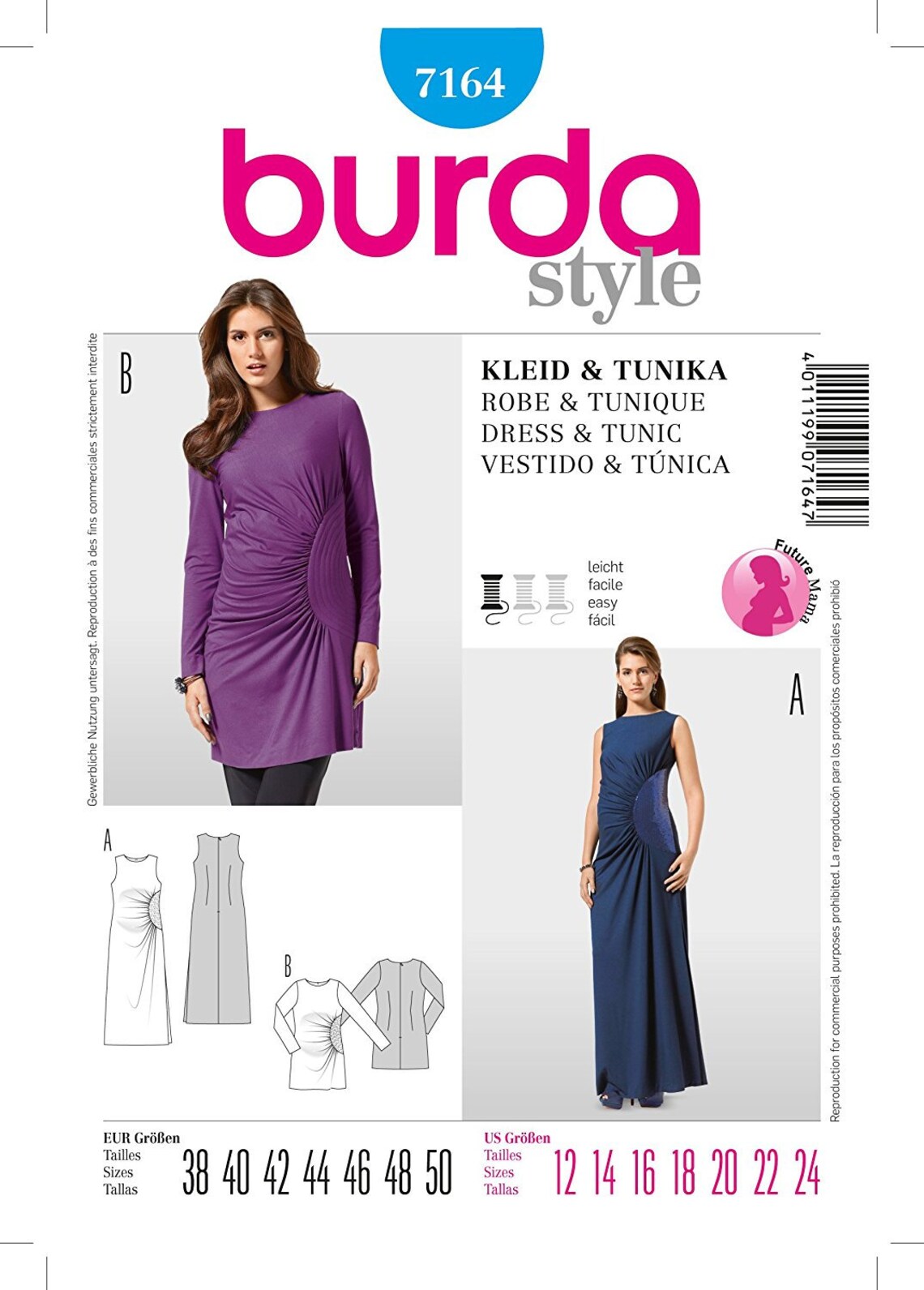 Burda 7164 MATERNITY DRESS PATTERN Ruched Tunic Top Maternity Evening ...
