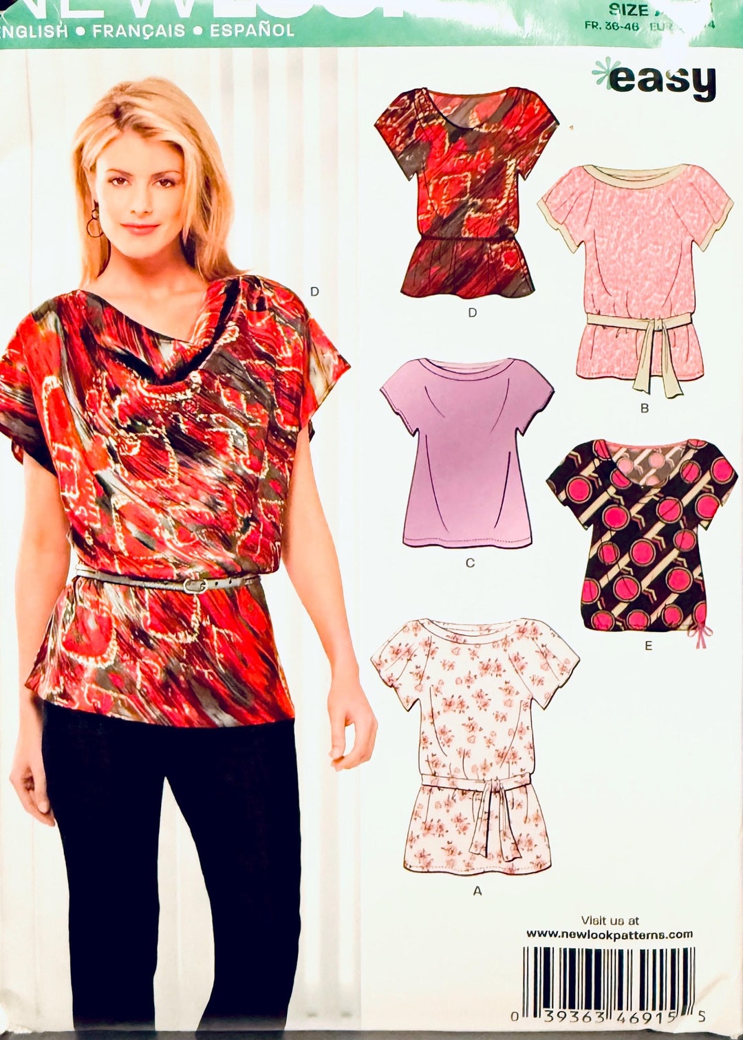 UNCUT Short Sleeve Blouse, Tunic Tops Sewing Pattern Bust 31.5 32.5 34 ...