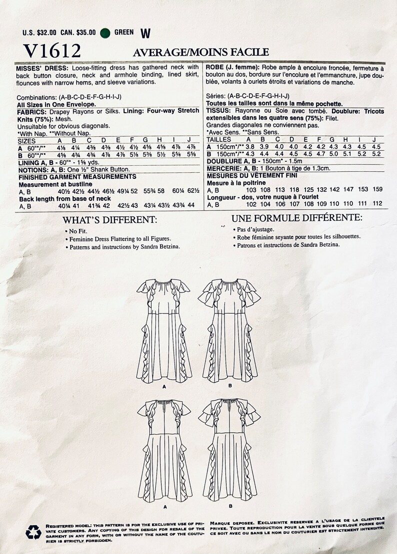 Vogue 1612 DRESS PATTERN Sandra Betzina Loose Fitting Short Sleeve ...