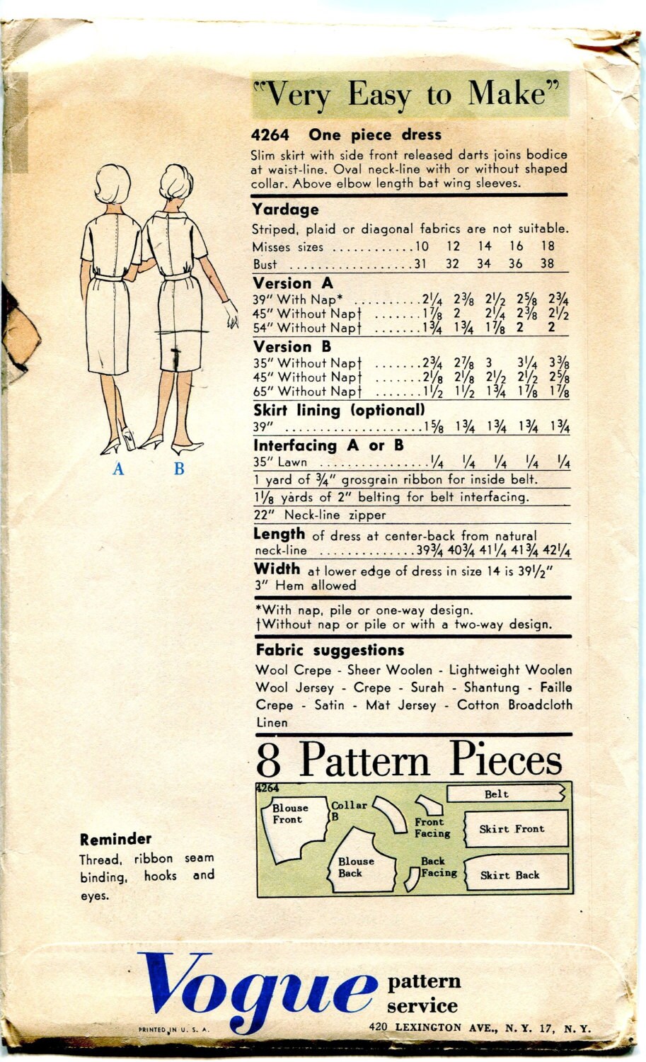 1960s Vintage Vogue 4264 BAT WING DRESS Pattern Onepiece Dress Kimono ...