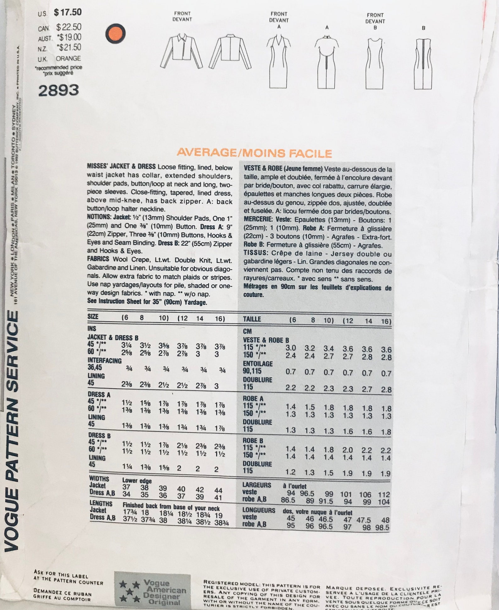 Vogue 2893 DRESS & JACKET Pattern Sleeveless Halter Dress Pattern Size ...