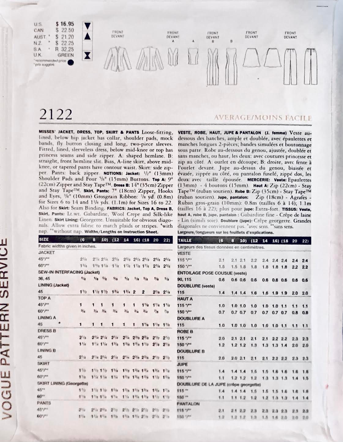 VOGUE 2122 WARDROBE PATTERN Jacket Top Dress Pants Skirt Career ...