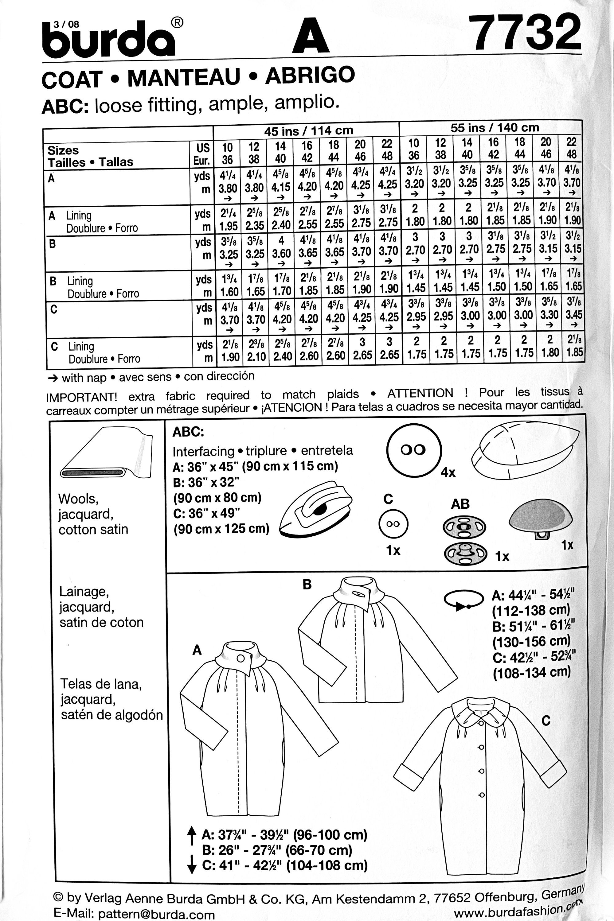 BURDA 7732 Loose Fitting Coat Pattern Pattern or Jacket Pattern With ...