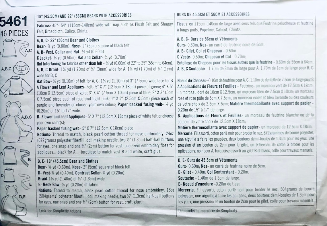 Vintage Simplicity 5461 TEDDY BEARS & CLOTHES Pattern Elaine - Etsy
