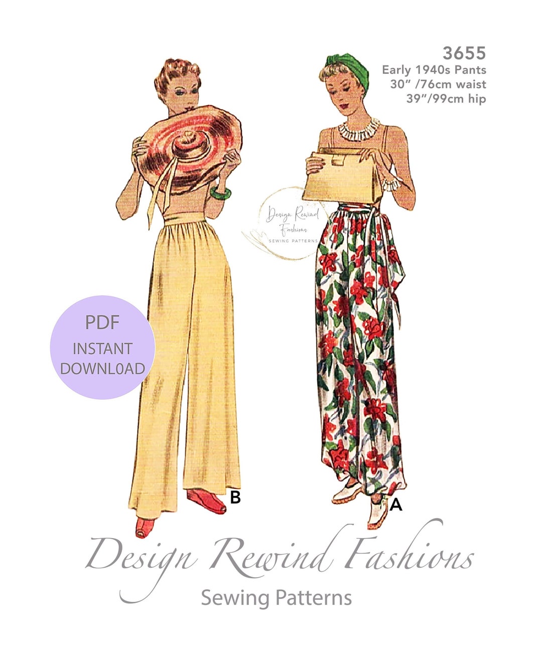 Instant Download Vintage 1940s High Waist Wide Leg Trouser Pants Sewing ...