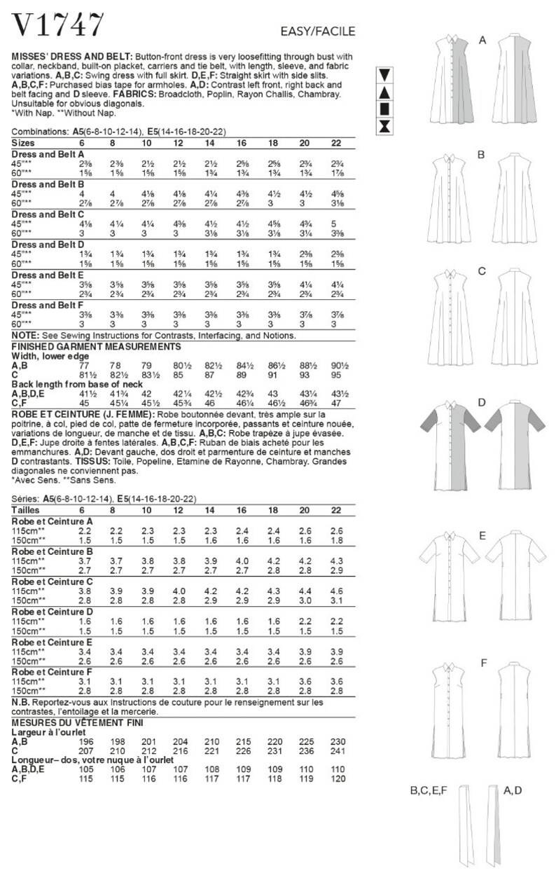 VOGUE 1747 Dress Sewing Pattern With Sleeve Variations - 30.5-36 Bust ...