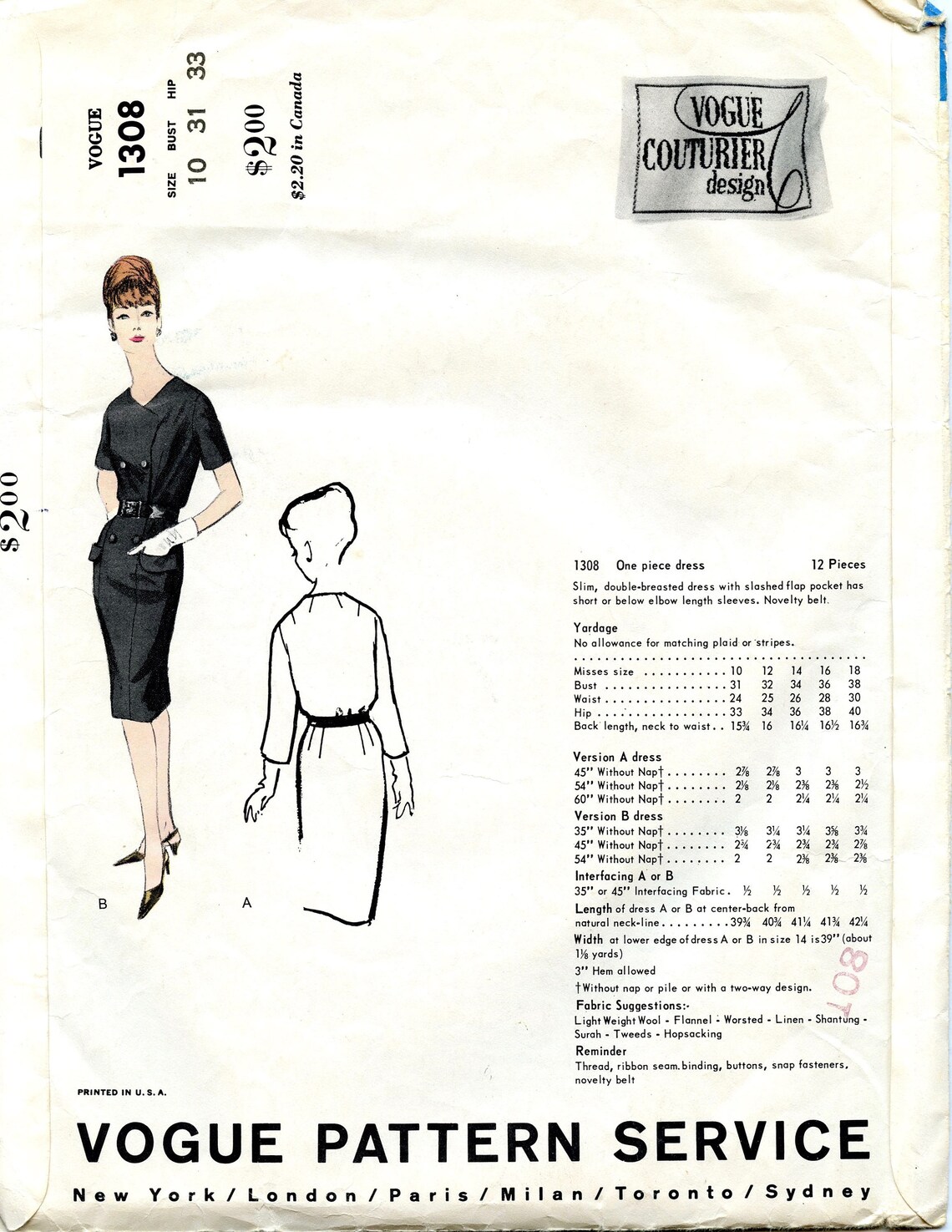 1960s Vintage Vogue Couturier 1308 DOUBLE BREASTED DRESS Pattern 3/4 ...