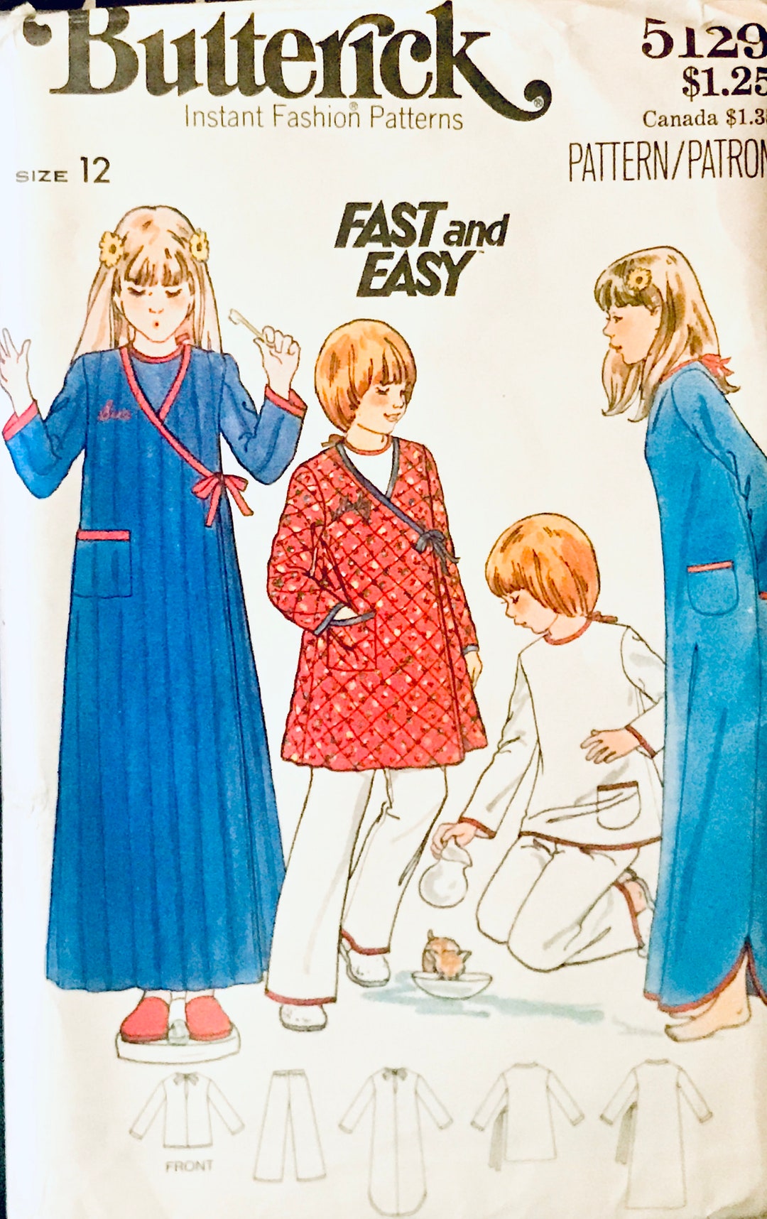 1970s Vintage Butterick 5129 GIRLS NIGHTGOWN PAJAMAS Robe Pattern Uncut ...
