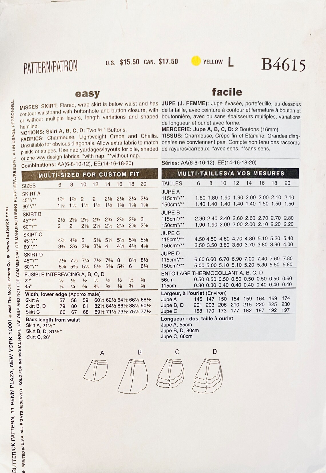 Butterick 4615 Skirt Sewing Patterns Easy Sew Flared Wrap - Etsy