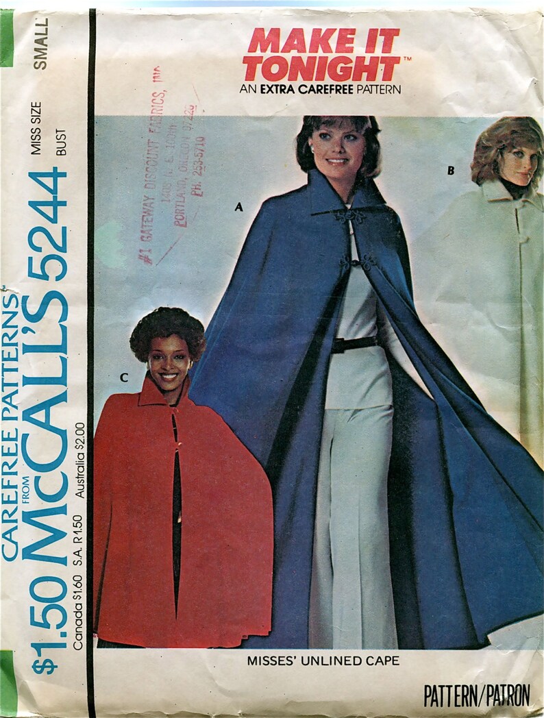 1970s CAPE CLOAK PATTERN Easy to Sew Cloak Cape Pattern Frog Collar Closure Mccalls 5244 Uncut ...