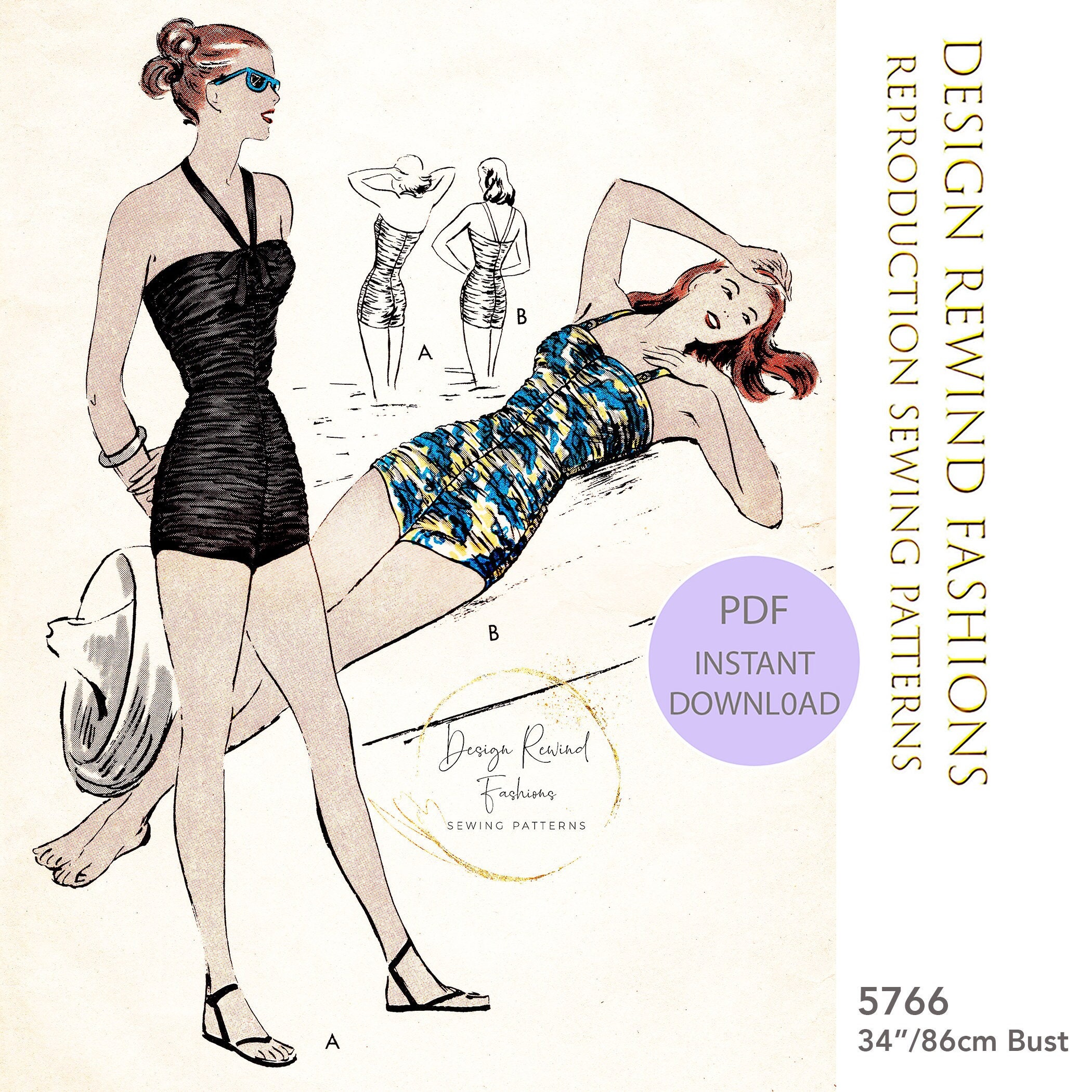 INSTANT DOWNLOAD 1950s 50s Vintage Swimsuit Pattern 34 Bust Shirred One ...