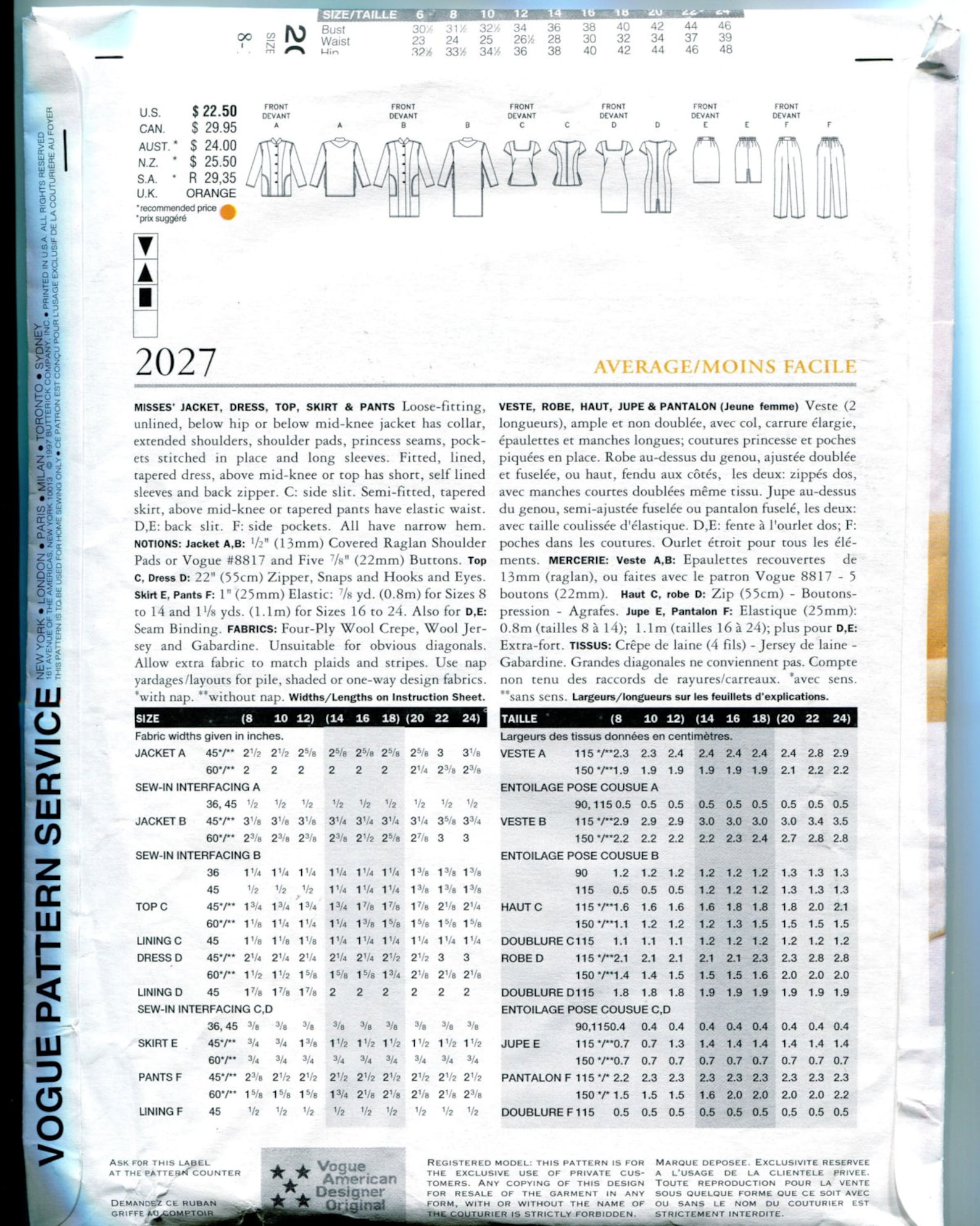 1990s VOGUE 2027 DRESS PATTERNS Jacket Skirt Pants Pattern | Etsy