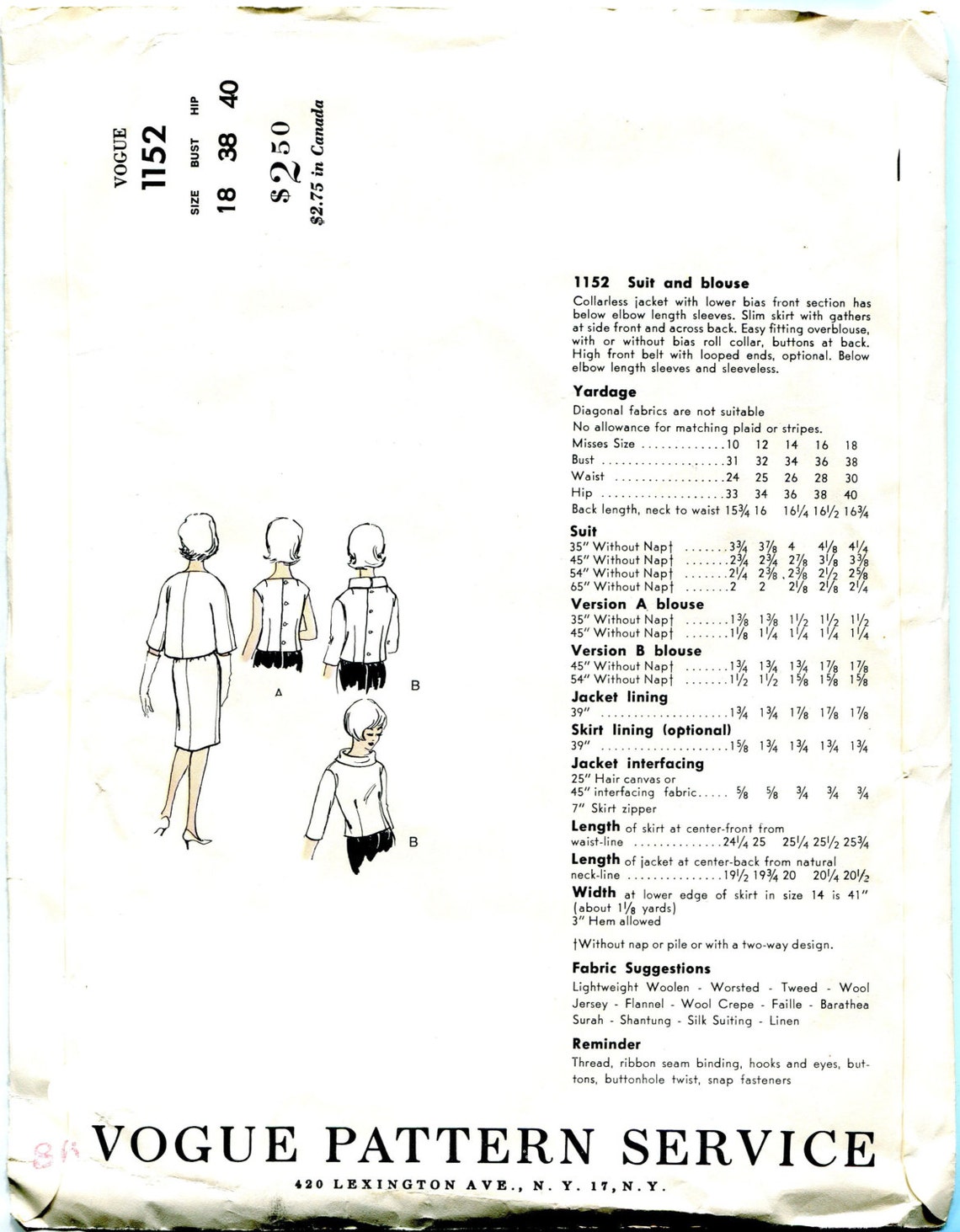 1960s Vintage Vogue 1152 Jacket, Top & Skirt Sewing Pattern - Women's ...